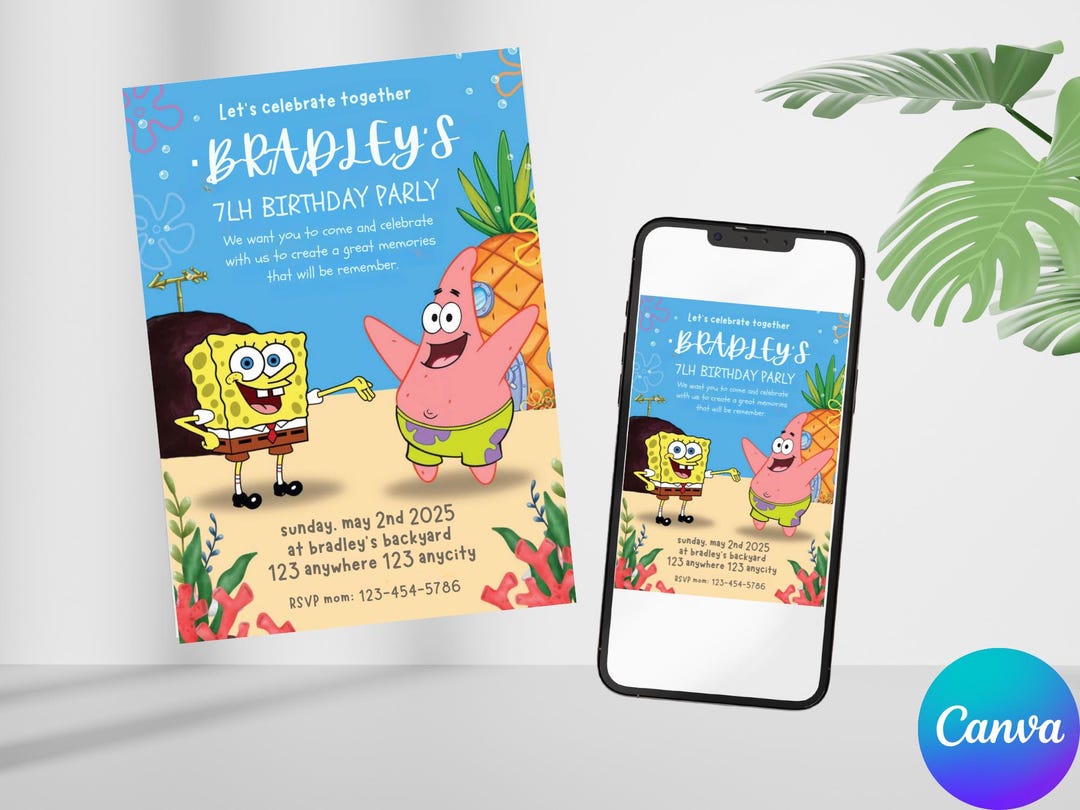 Editable Spongebob Birthday Invitation Digital Spongebob Party Invite ...