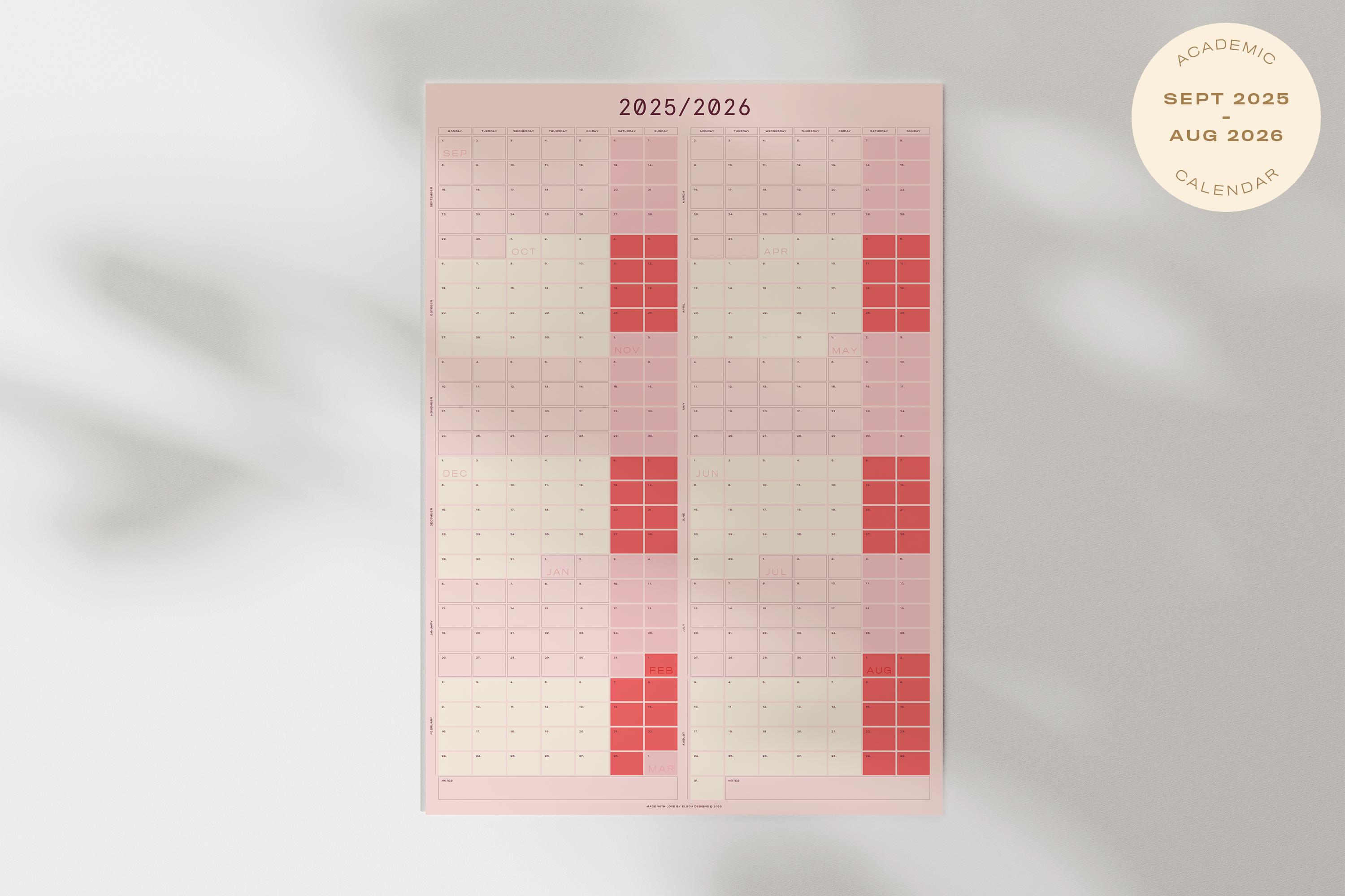 2025/26 School Calendar in Pink, Red & Dark Cherry | Academic Wall ...