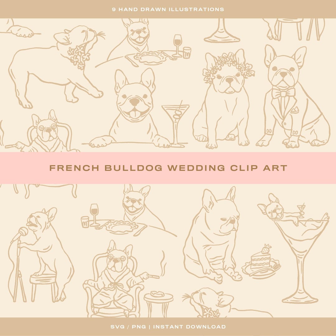 9 X French Bulldog Wedding Clip Art: Hand-drawn Frenchie Illustrations ...