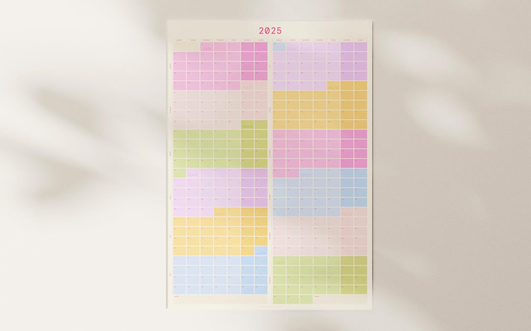 2025 Pastel Rainbow Wall Calendar: Full Year Overview, Large Family ...