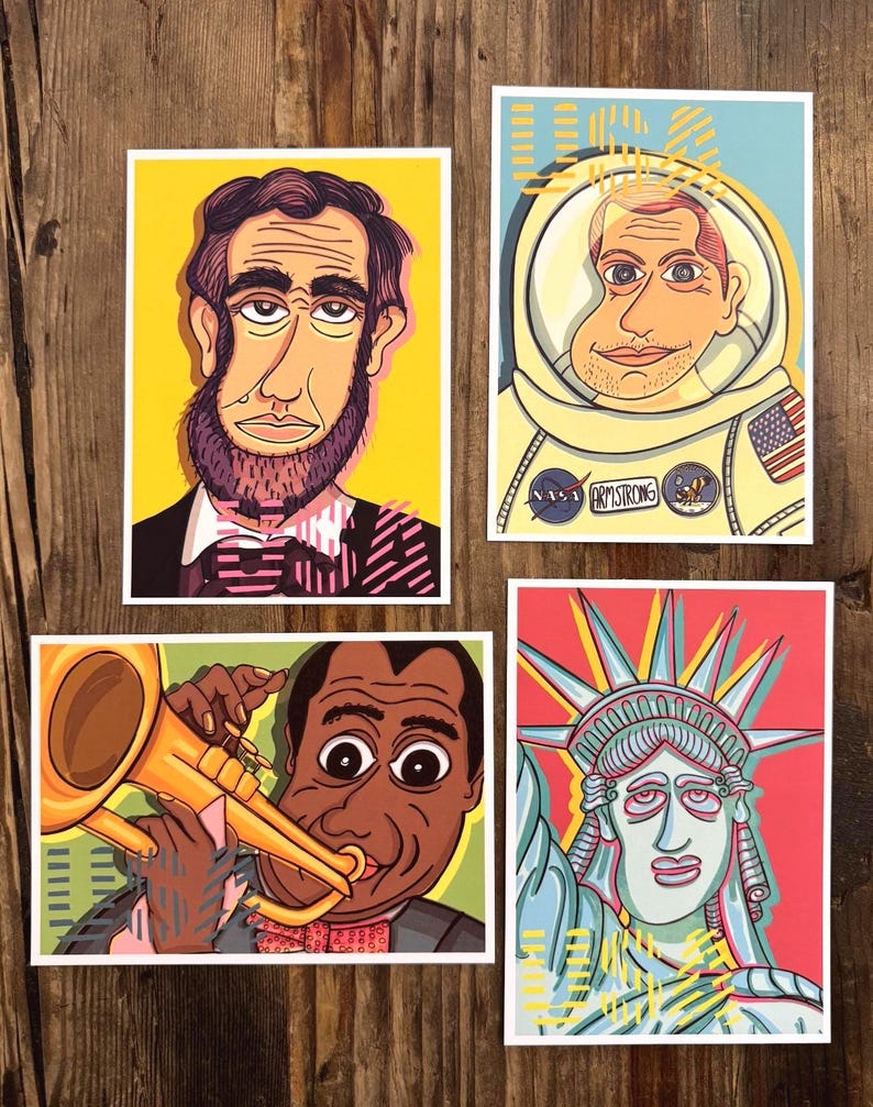 USA Icons Postcard Set: Statue of Liberty, Louis Armstrong, Lincoln ...