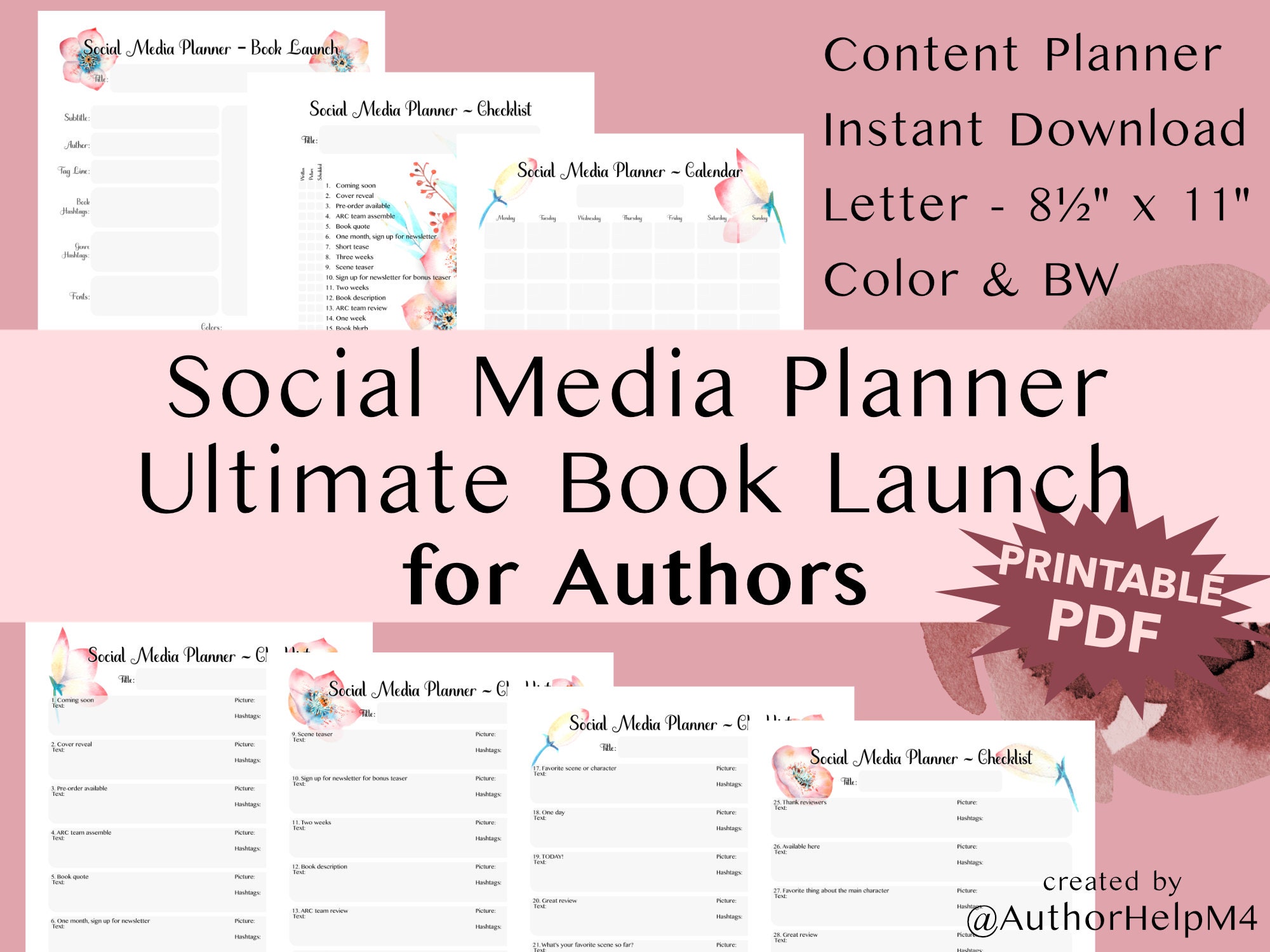 Book Launch Social Media Content Planner for Authors PDF Floral Social ...