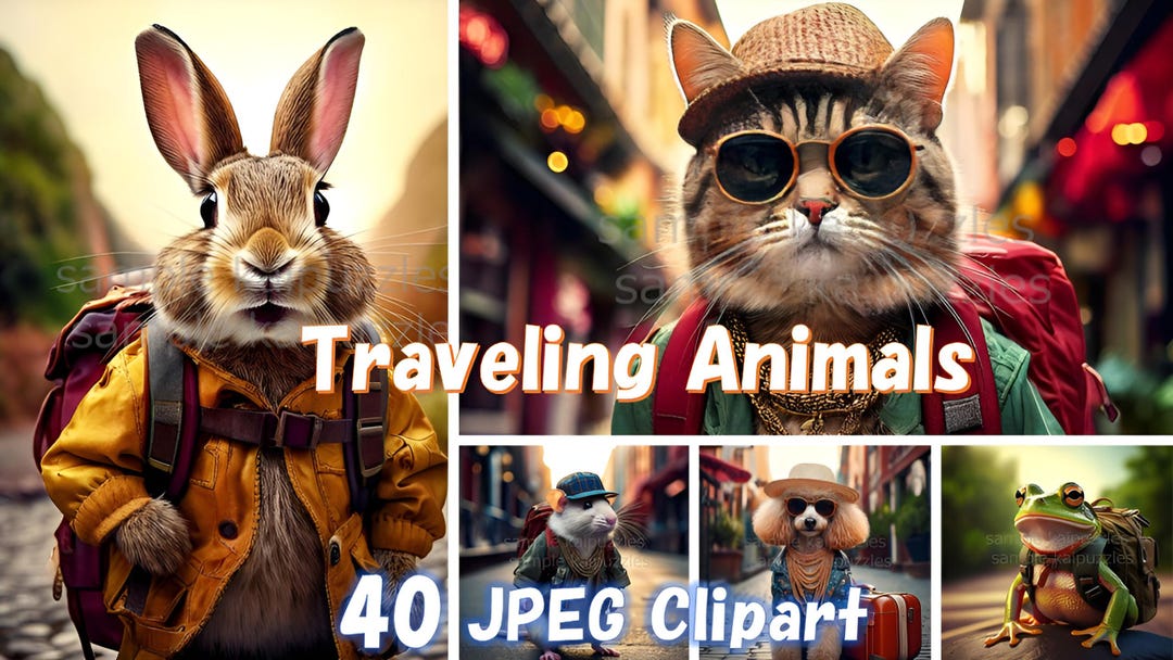Traveling Animals Clipart Set - 40 Realistic Backpacker Animal Images ...
