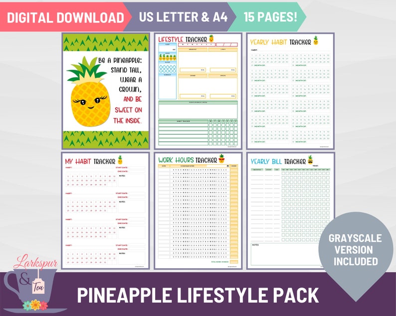 Pineapple Lifestyle Tracker Printable Pack, 14 Trackers, A4 and US ...