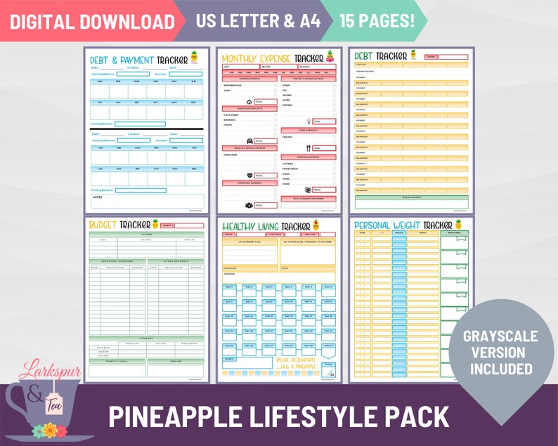 Pineapple Lifestyle Tracker Printable Pack, 14 Trackers, A4 and US ...
