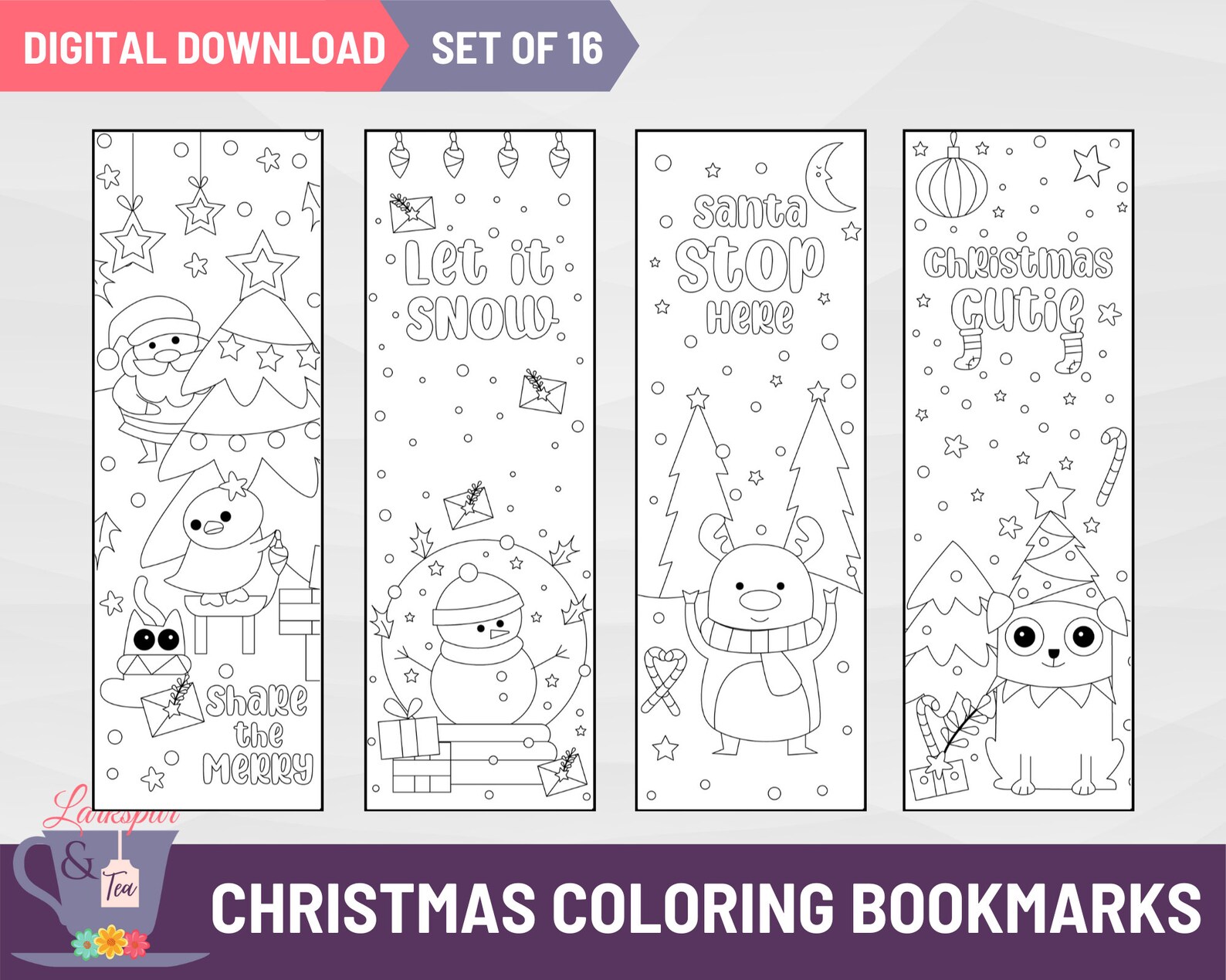 Printable Christmas Coloring Bookmarks for Children, Gift Wrap Tags for ...