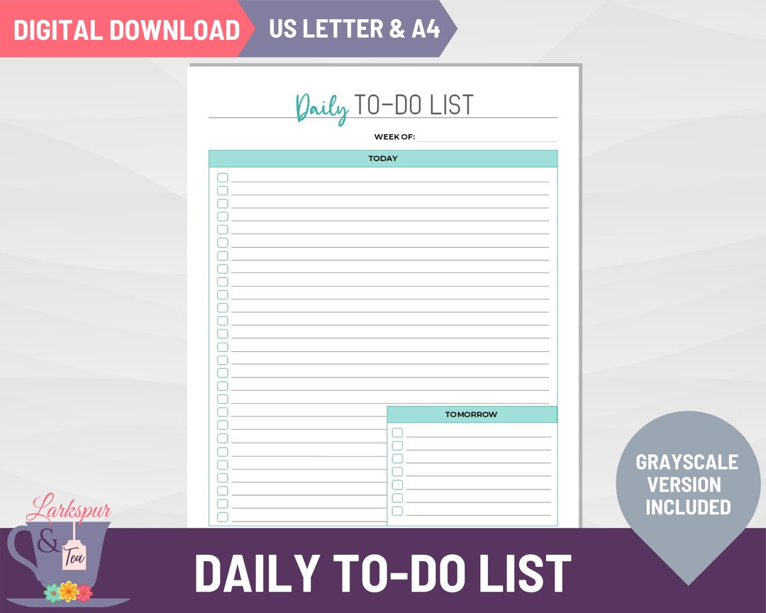 Daily To-do List, Task List for Today and Tomorrow, Turquoise and Black ...