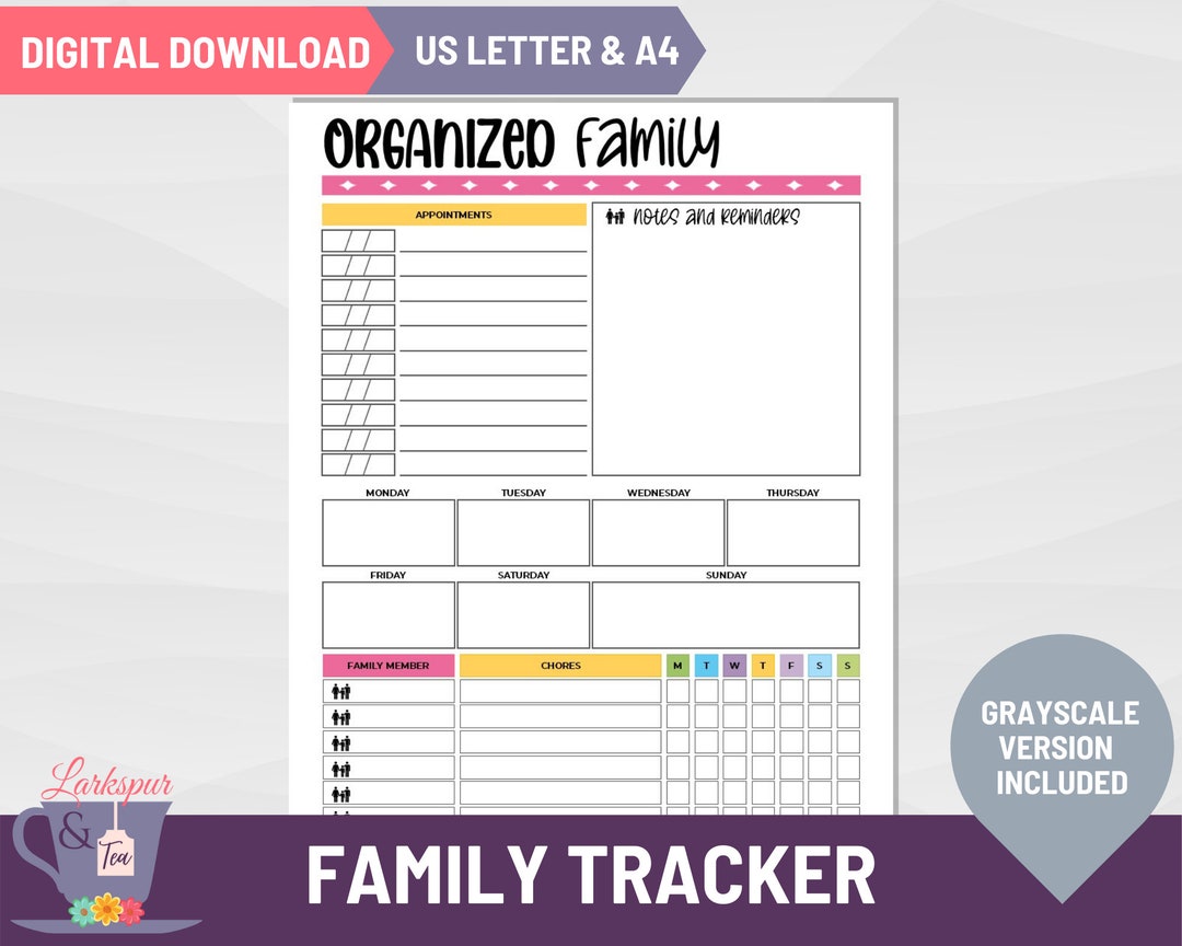 Family Tracker Printable, Pastel Ribbons, Family Notes and Reminders ...