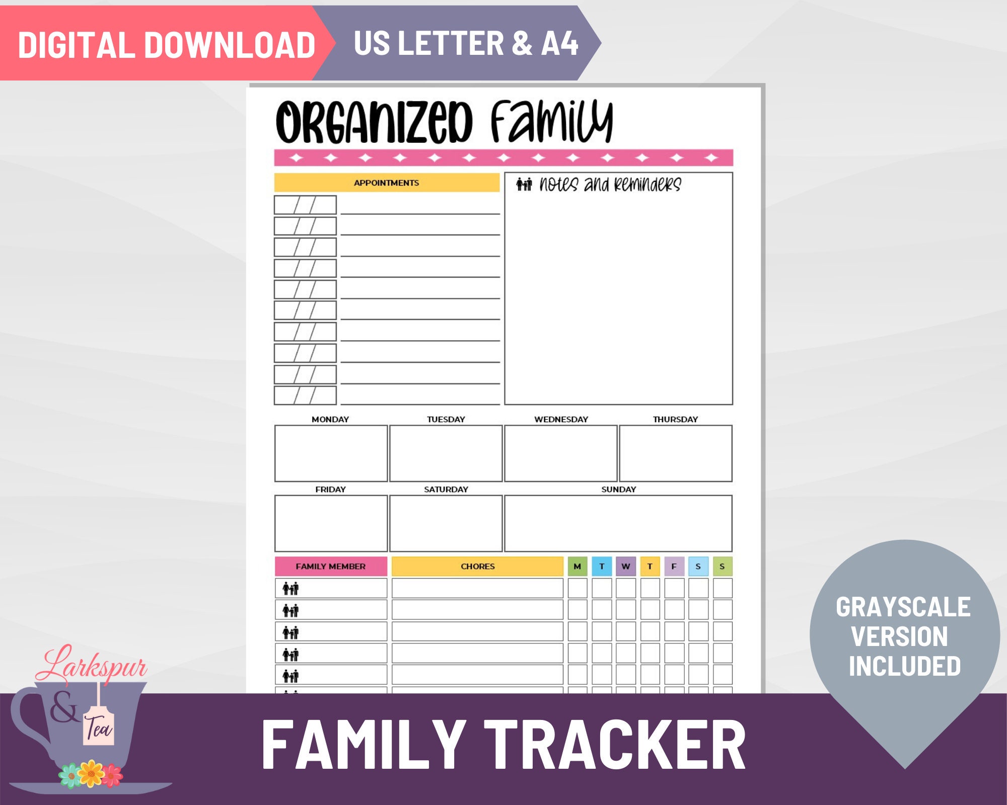 Family Tracker Printable, Pastel Ribbons, Family Notes and Reminders ...