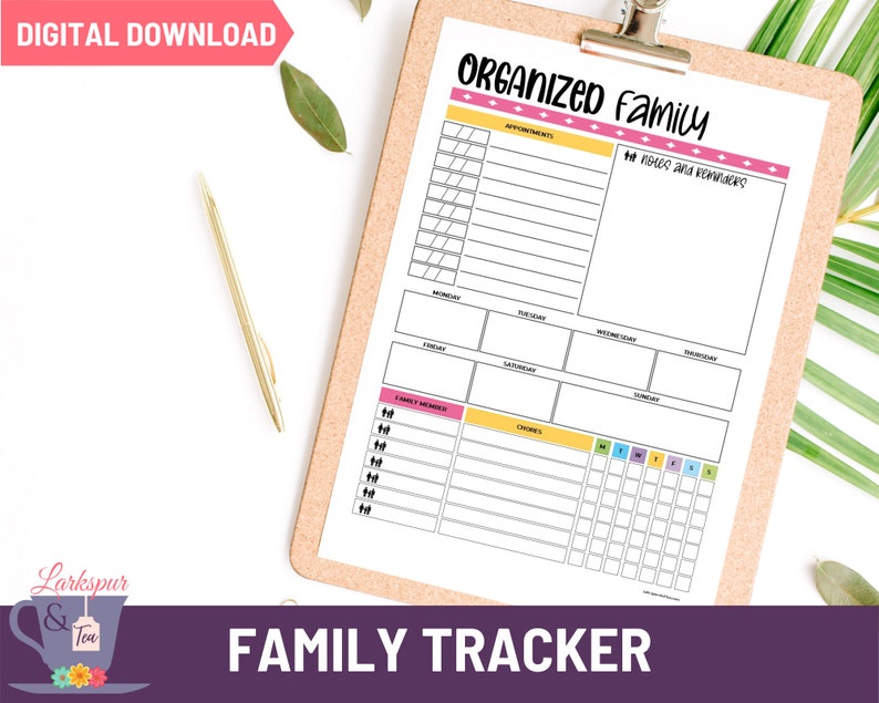 Family Tracker Printable, Pastel Ribbons, Family Notes and Reminders ...