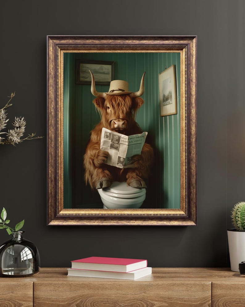 Cute Highland Cow Reading Paper on Toilet, Cowboy Hat. Rodea Art ...