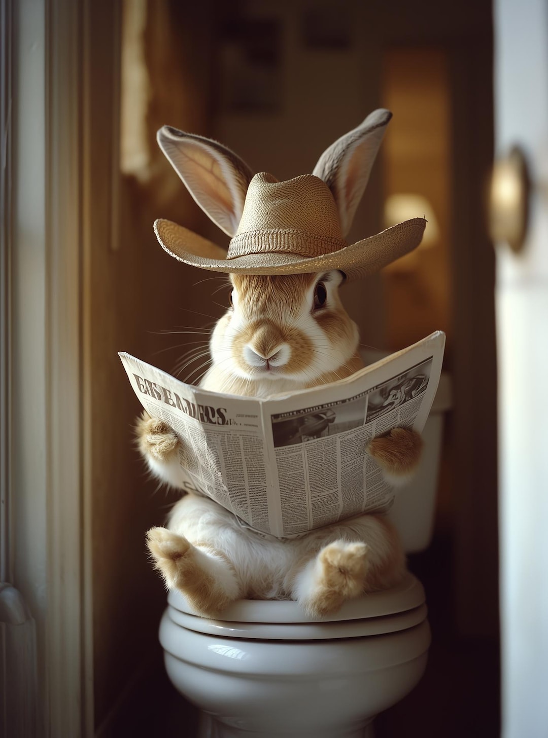 Cowboy Rabbit Sat on Toilet Reading Paper. Rodeo Art. Western Art. - Etsy