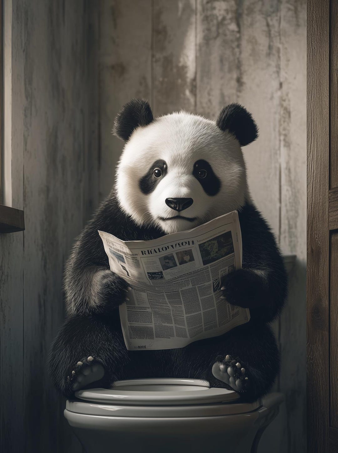 Cute Panda Reading Newspaper on Toilet. Funny Toilet Art, Bathroom Art ...