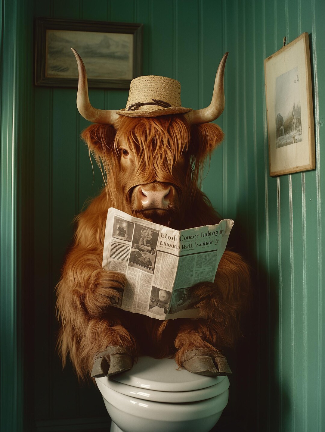 Cute Highland Cow Reading Paper on Toilet, Cowboy Hat. Rodea Art ...