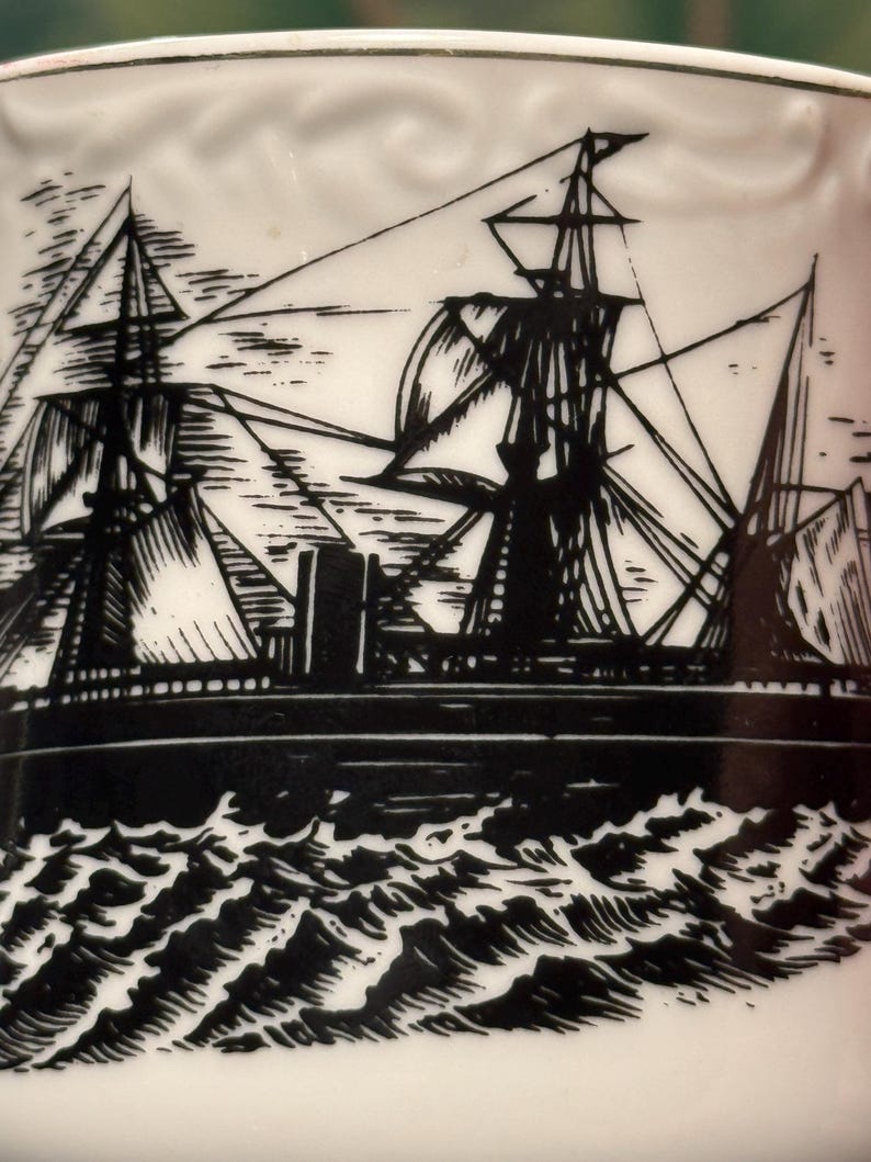 Vintage Mustache Guard Mug, Clipper Ship Design, Porcelain, Black ...