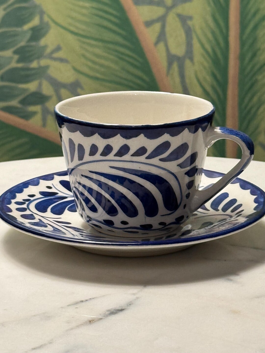 Cup and Saucer, Anfora Mexican Puebla Blue and White Cup and Saucer. - Etsy