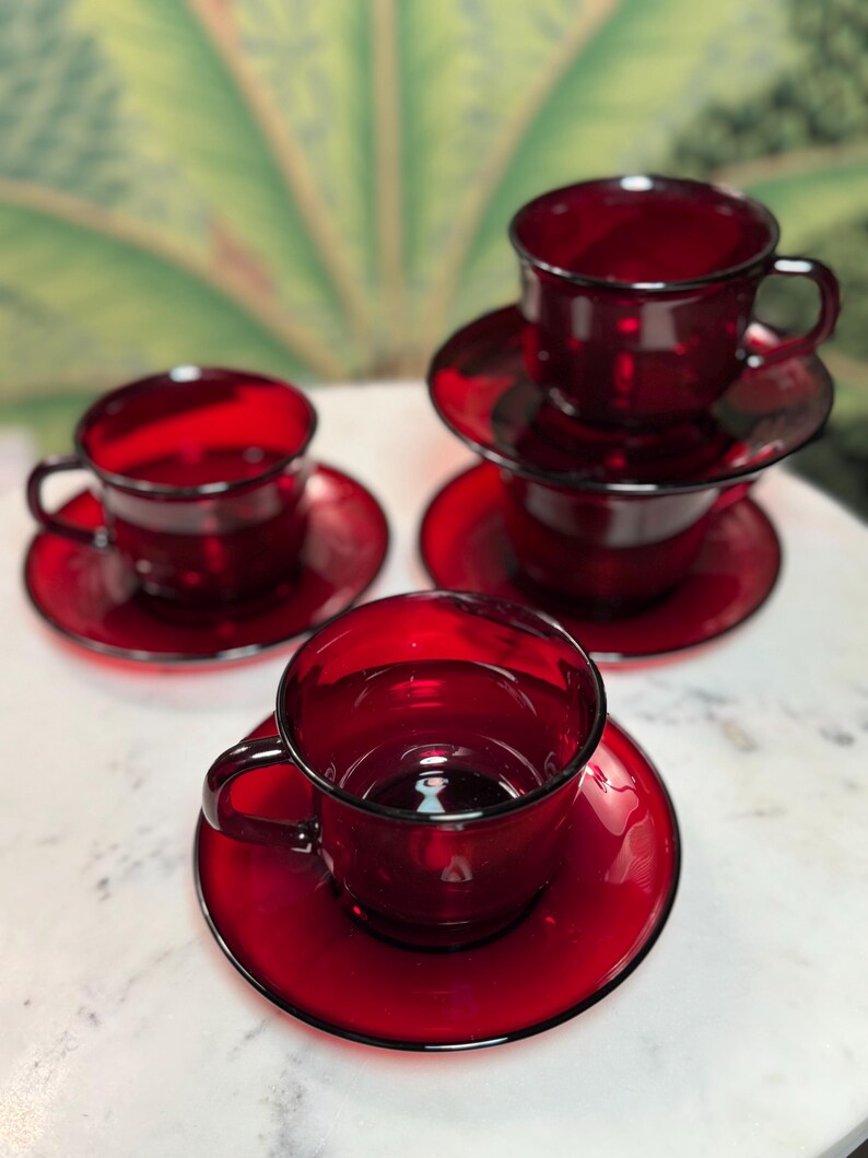 Vintage Arcoroc France Ruby Red Glass Teacup and Saucer - 1970s ...