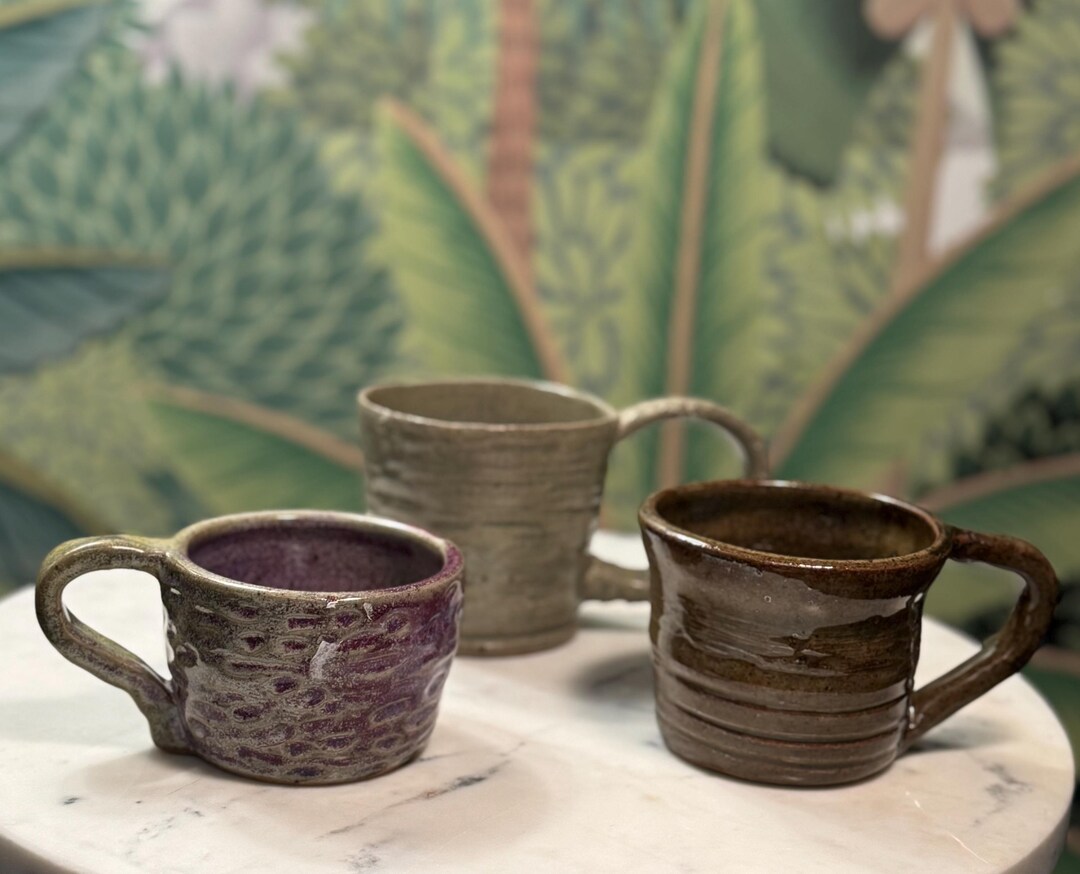 Mugs, Eclectic Set of 3 Handmade Stoneware Mugs, Signed Pottery, Rustic ...