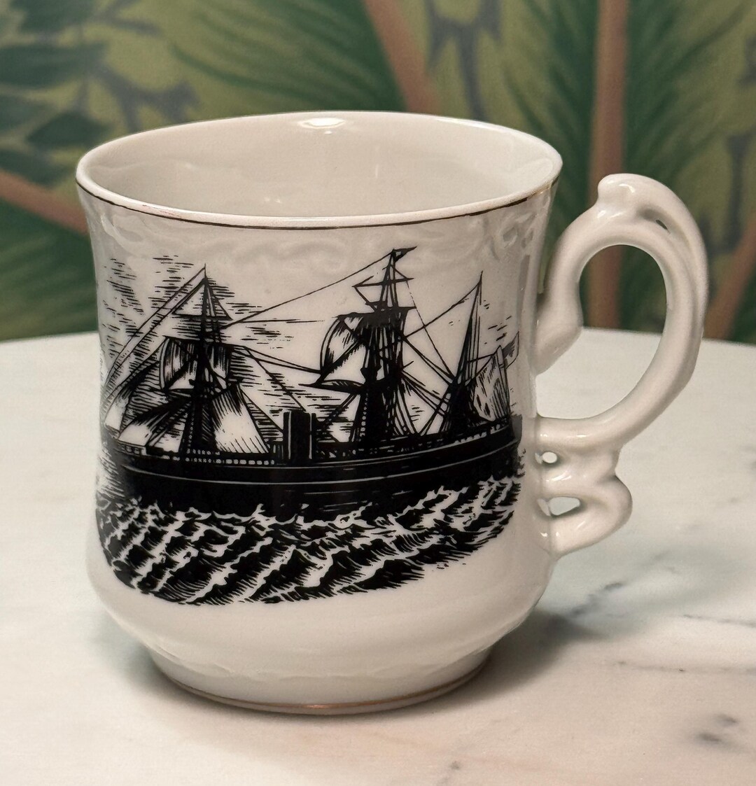 Vintage Mustache Guard Mug, Clipper Ship Design, Porcelain, Black ...
