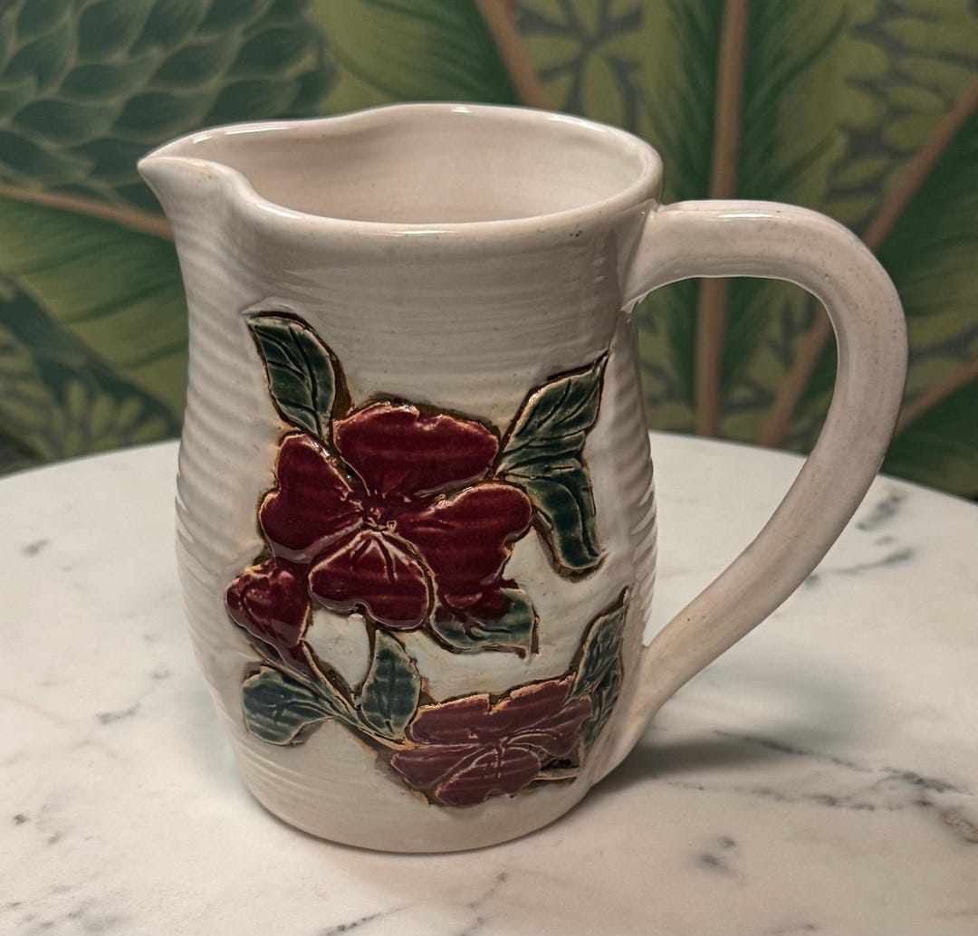 Signed Roland 1988 Vintage Ceramic Pitcher Handcrafted Embossed Floral ...