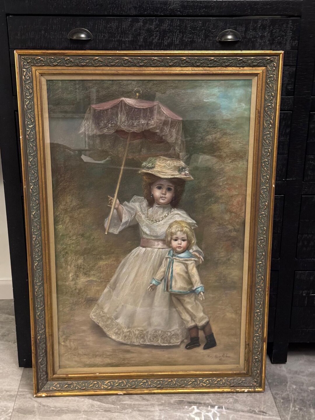 Wall Art, Mary Rose Palau Pastel – Girl and Boy Under Umbrella, Framed ...