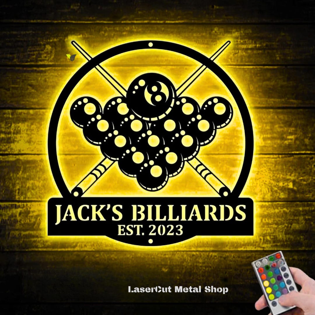 Custom Billiards LED Metal Sign – Personalized Pool Room Wall Art ...