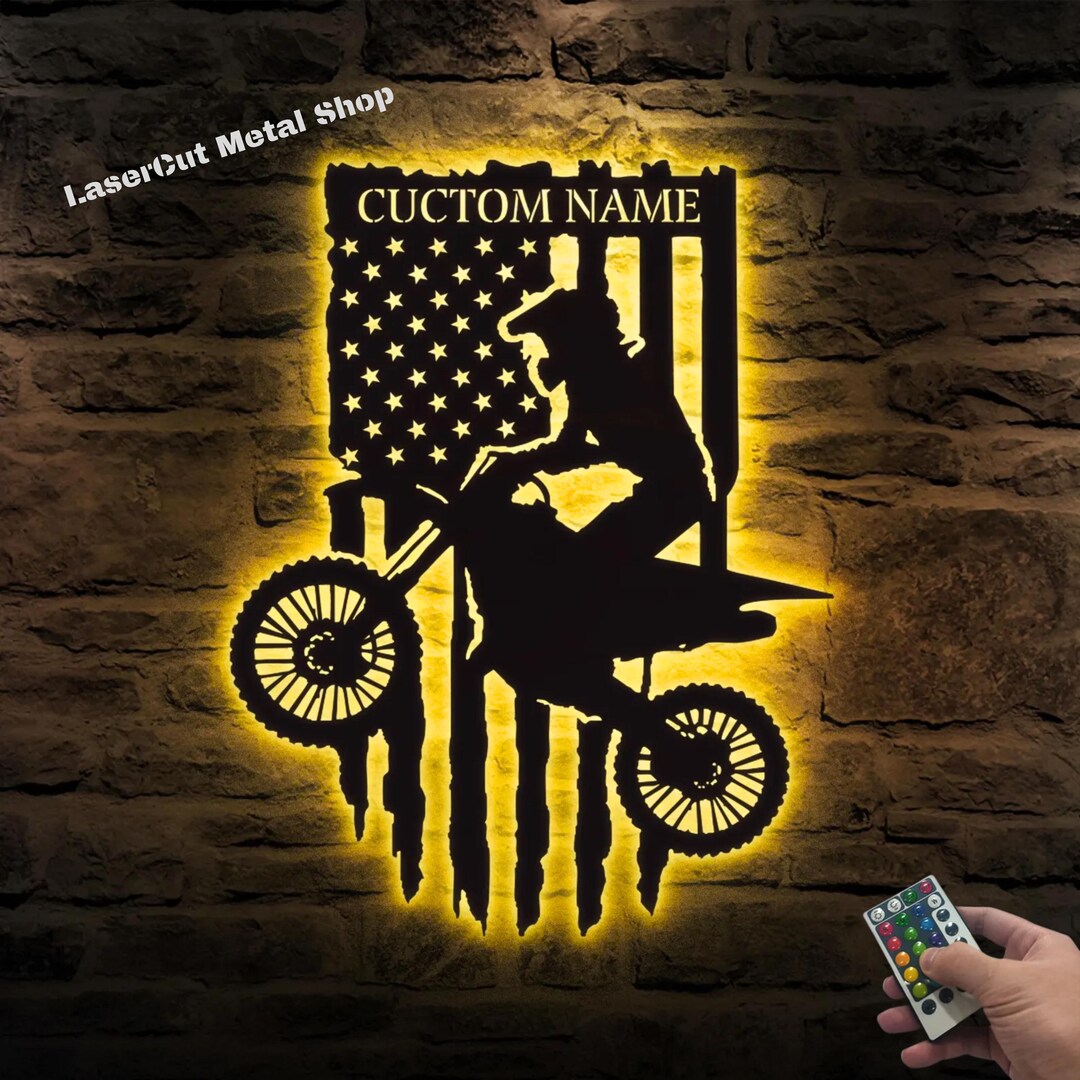 Custom Motorcycle US Flag Metal Sign LED Light, Personalized Biker Name ...