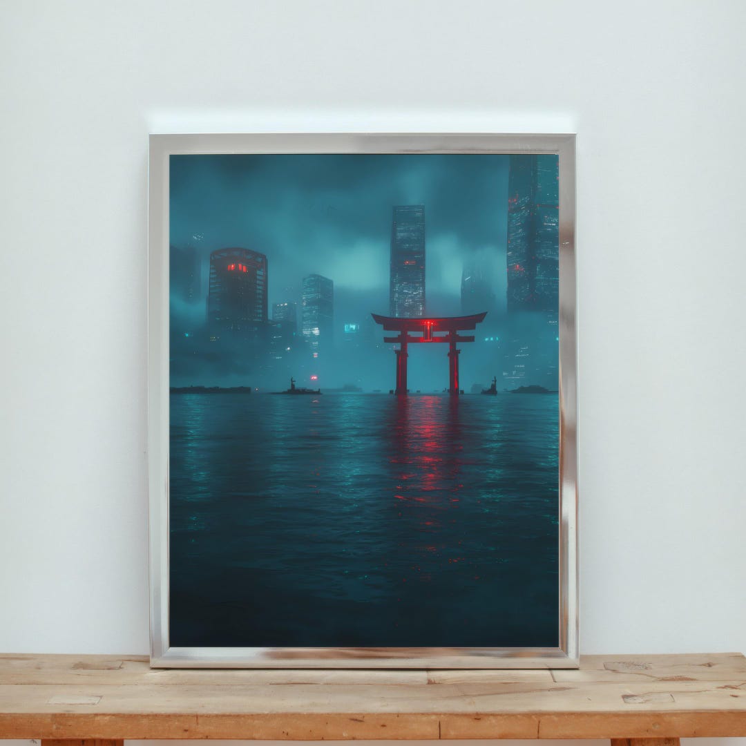 Cyberpunk Torii Gate Print: Neon Hiroshima Skyline (digital Download ...