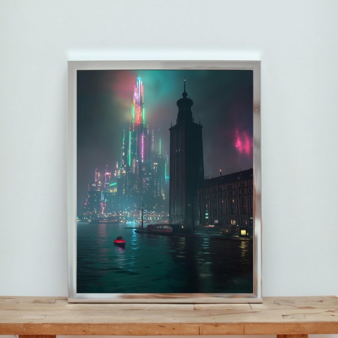 Sci-fi Neon Futuristic Asgard Tower City Wall Art | Digital Download ...
