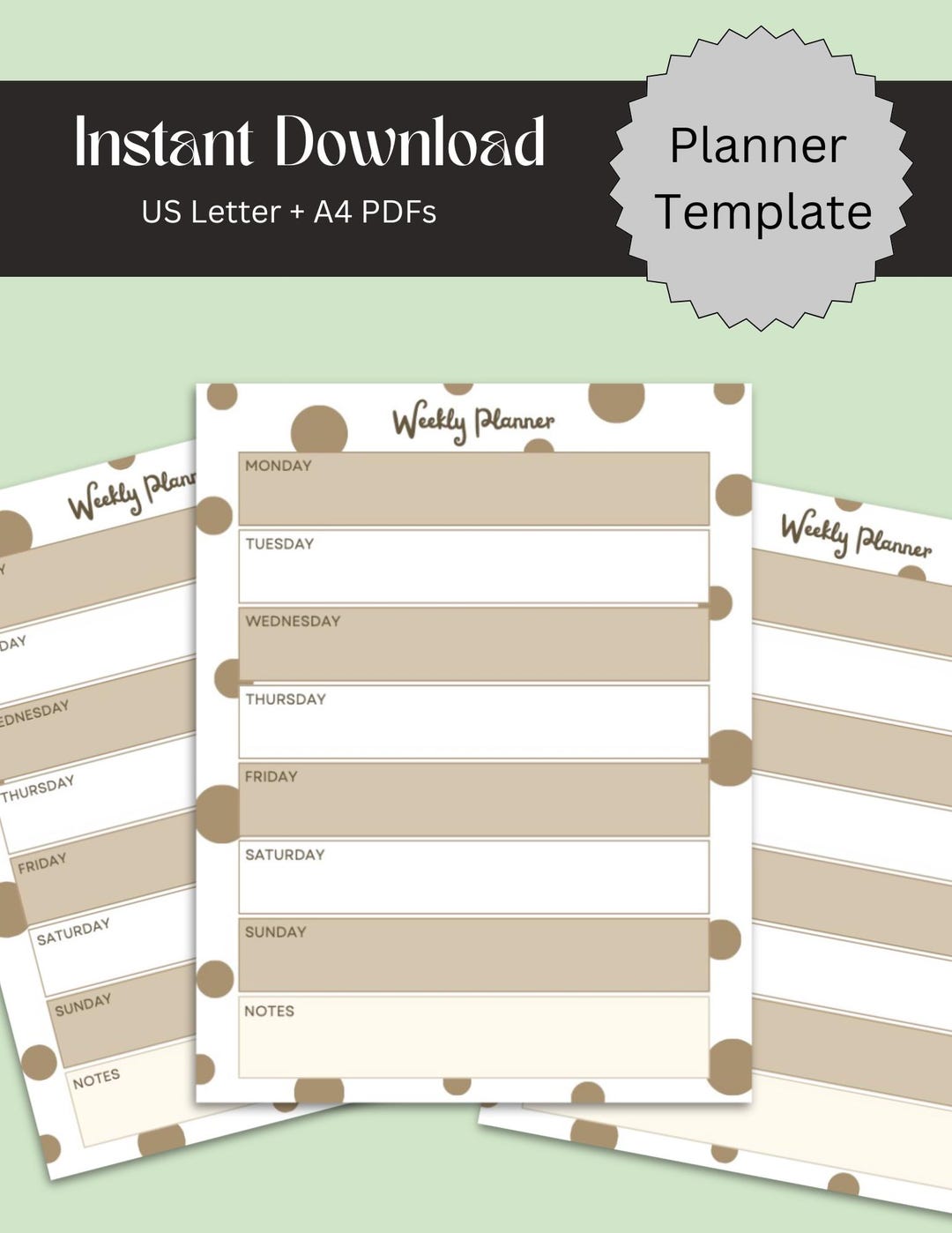 Polka Dot Weekly Planner Printable: Sepia (PDF Download) | Weekly ...