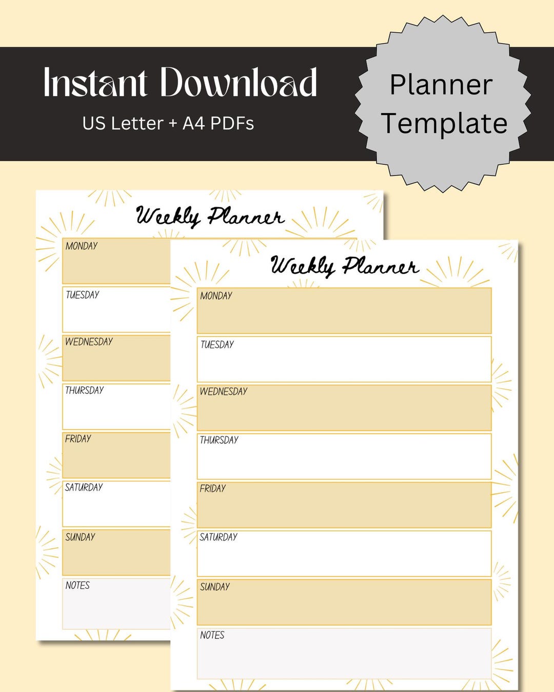 Sunburst Weekly Planner Printable: Yellow (PDF Download) | Weekly ...