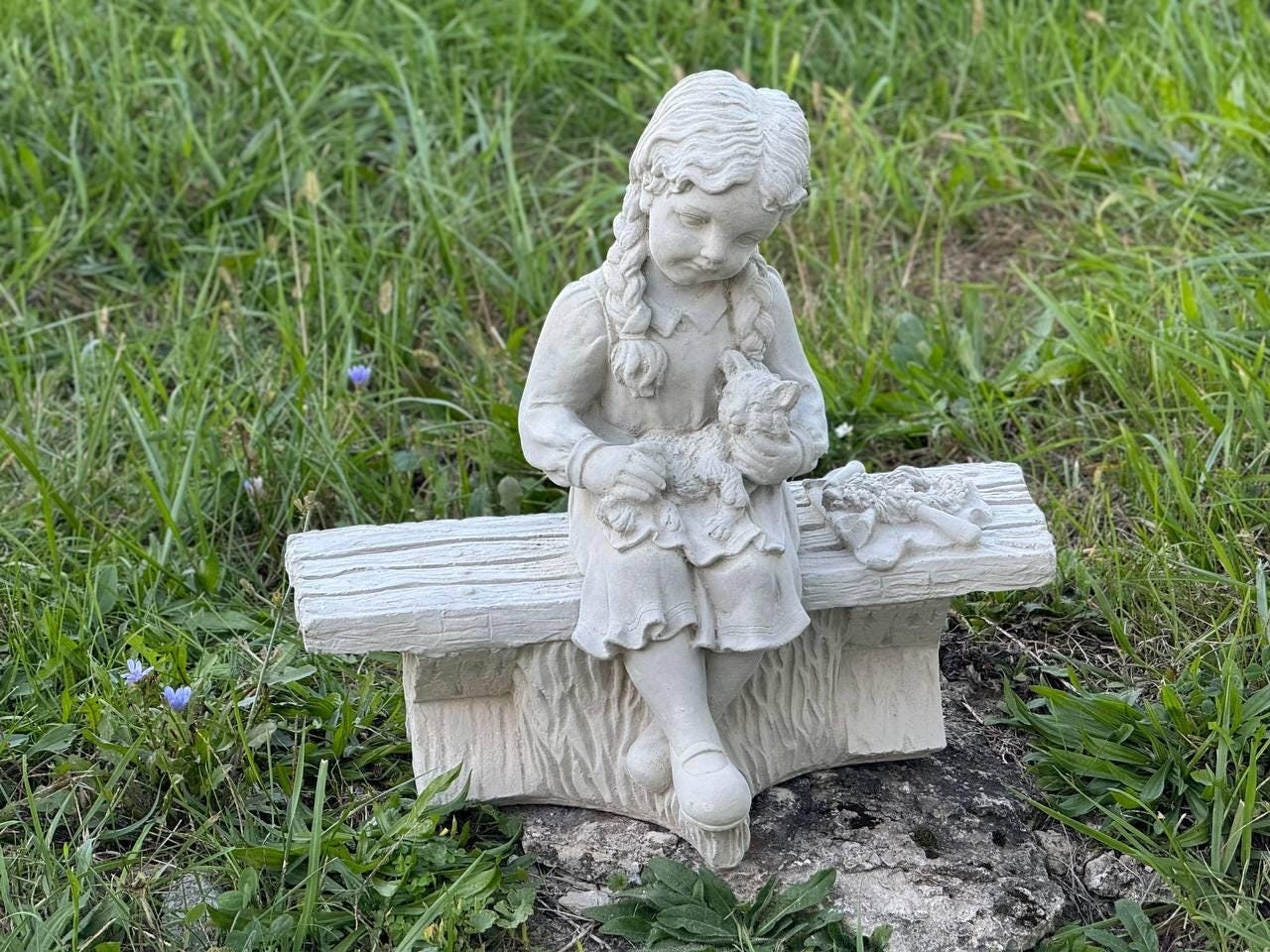 Concrete Girl Figure 17 In, Garden Kid With Cat Sculpture, Outdoor ...