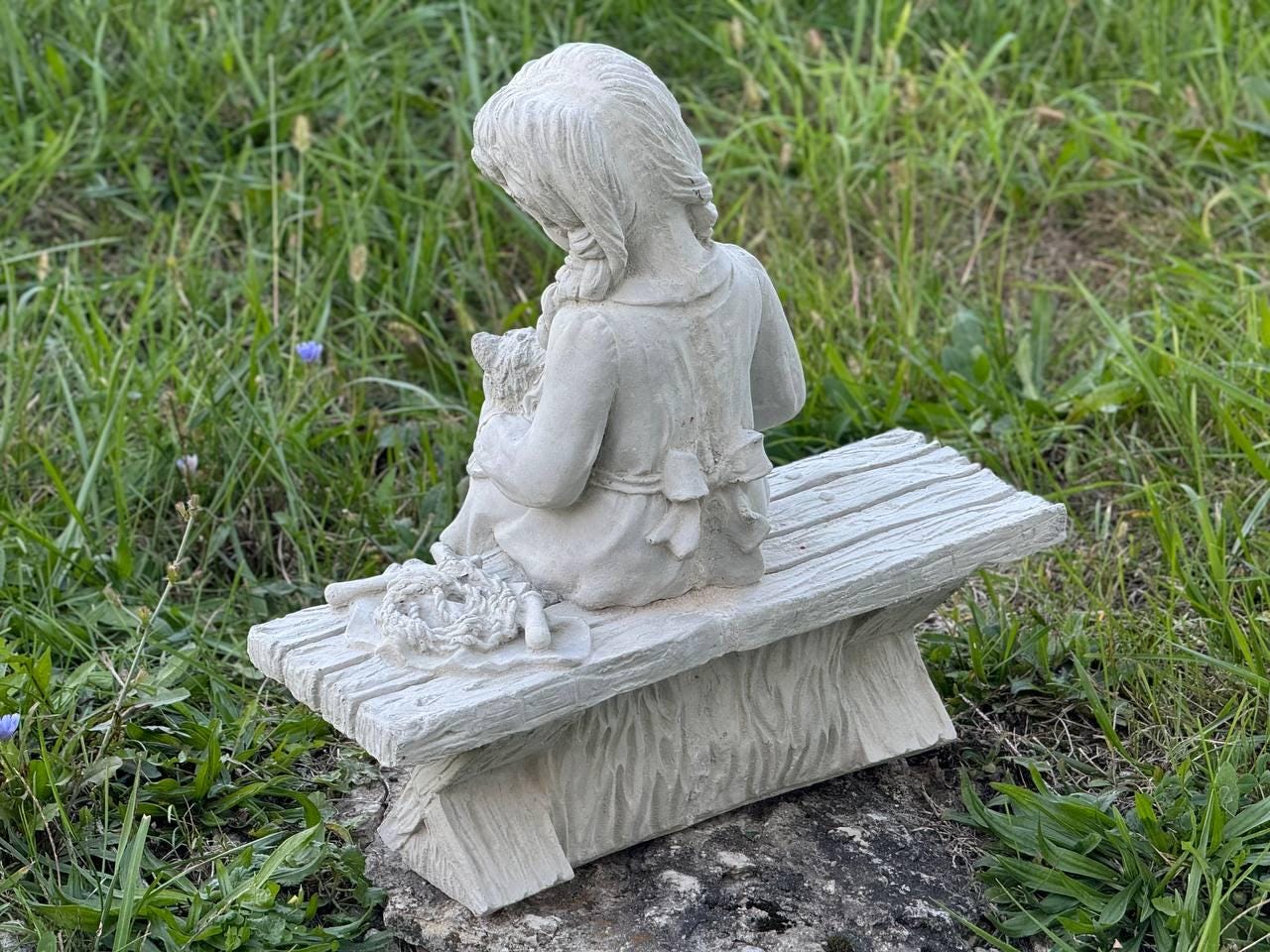 Concrete Girl Figure 17 In, Garden Kid With Cat Sculpture, Outdoor ...