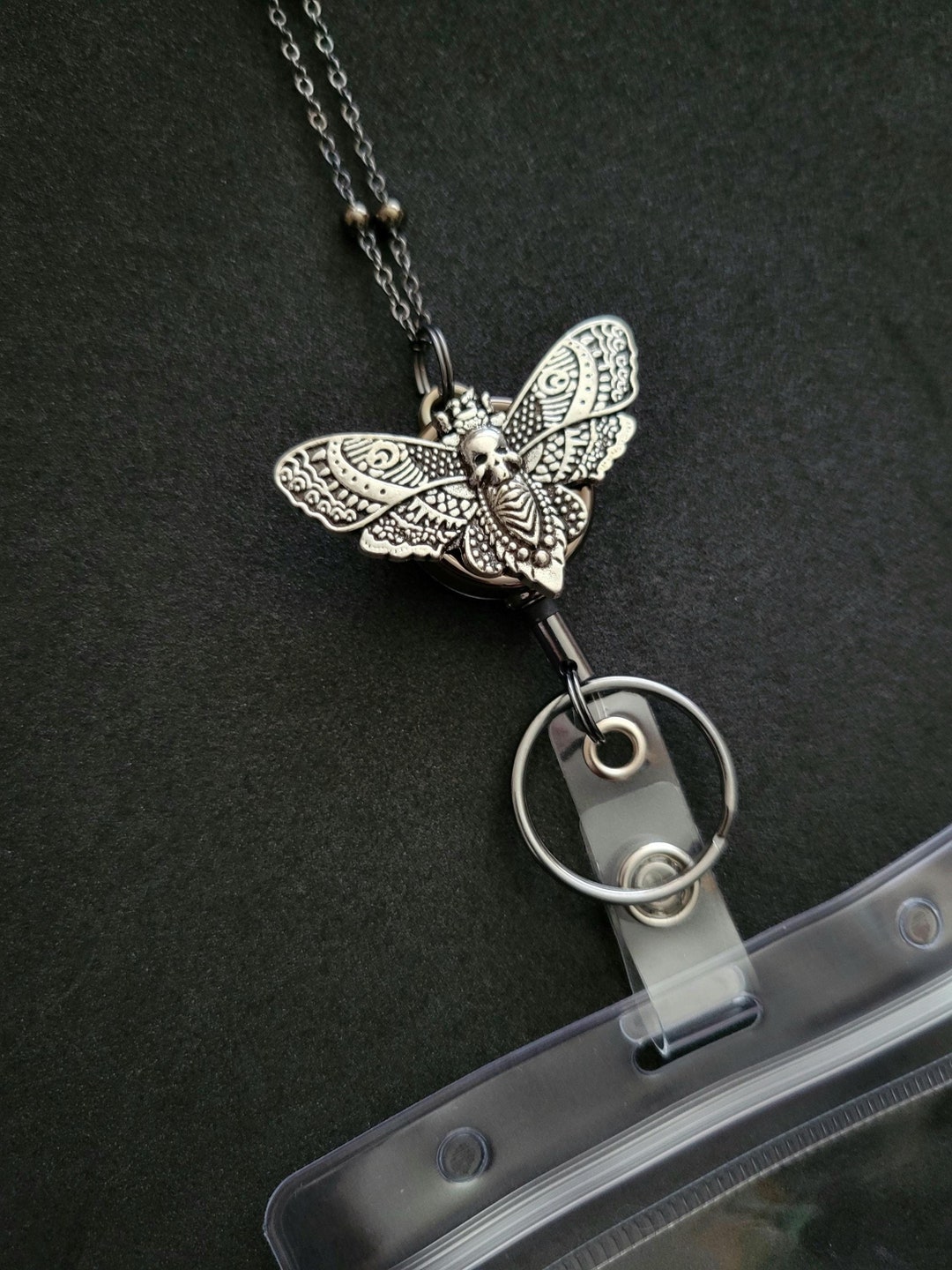 Skull Moth Retractable Reel Necklace, ID Badge Holder Lanyard, Handmade ...