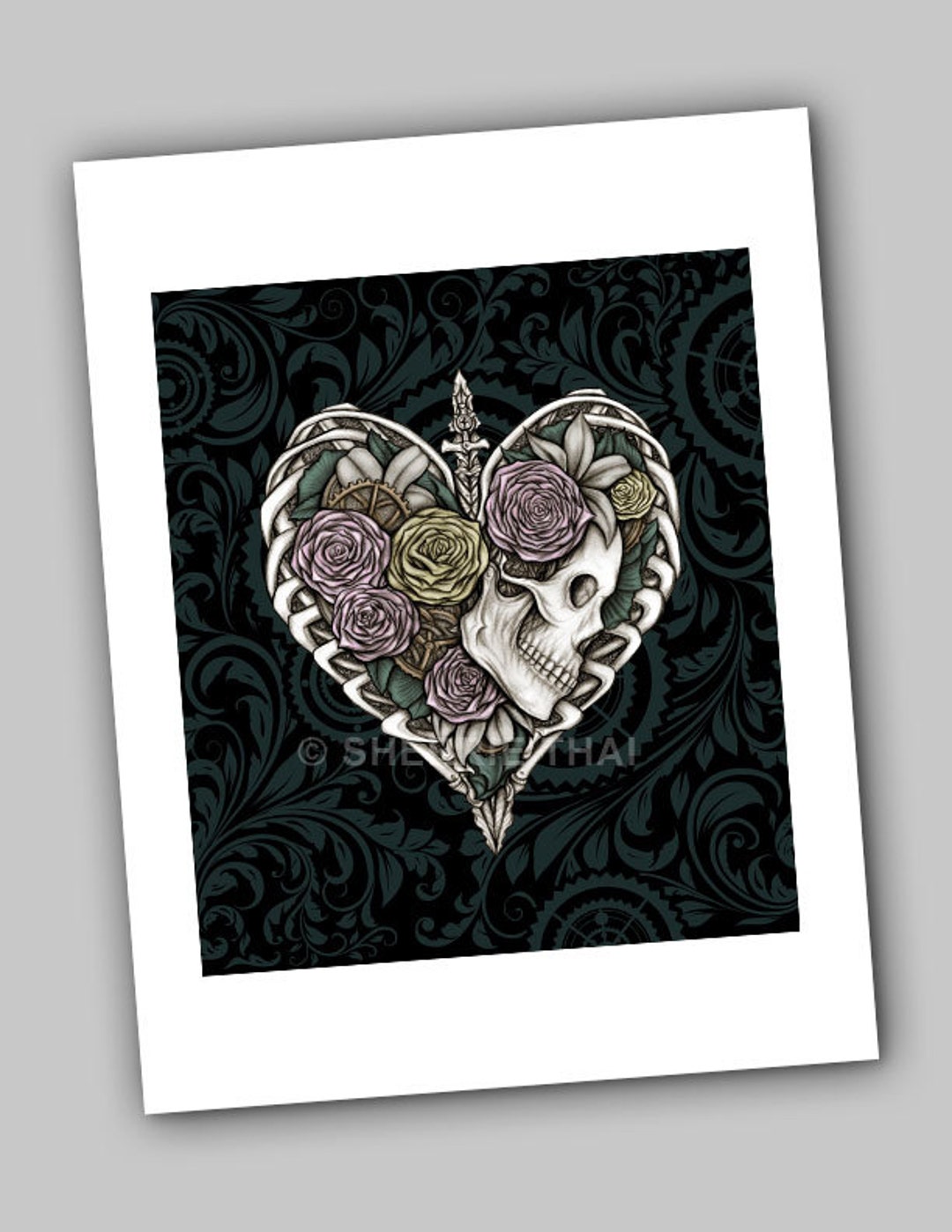 Goth Skull Art Print, Skeleton Heart, Bone Heart Drawing, Steampunk Day ...