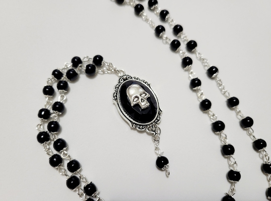 Goth Skull Rosary Bead Necklace, Handmade Skull Cameo Jewelry ...