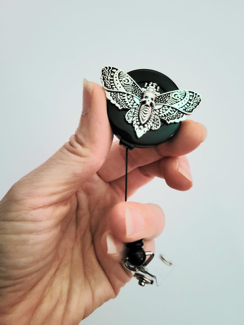 Skull Moth Retractable Reel Clip, Handmade Gothic Skull ID Badge Holder ...