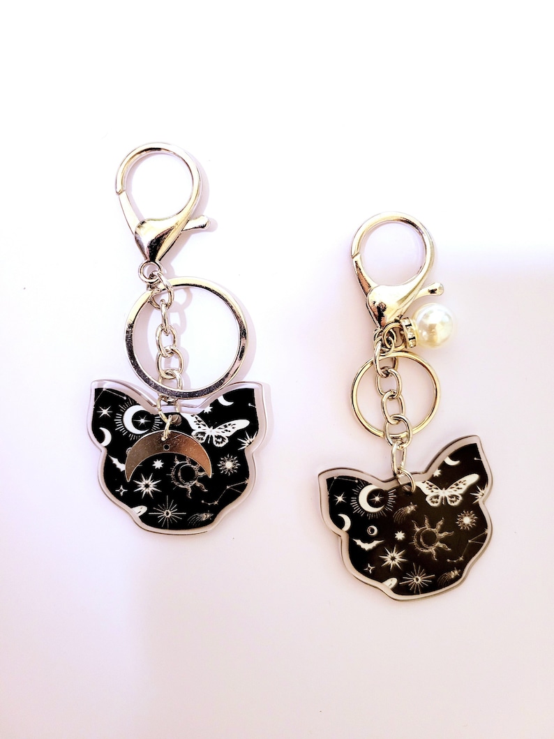 Acrylic Black Cat Keychain, Goth Cat Accessory for Bag, Crescent Moon ...