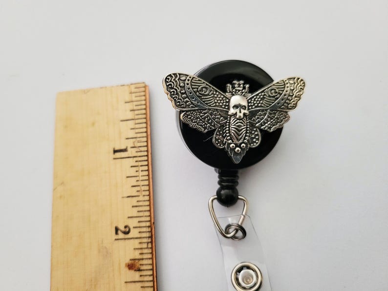 Skull Moth Retractable Reel Clip, Handmade Gothic Skull ID Badge Holder ...