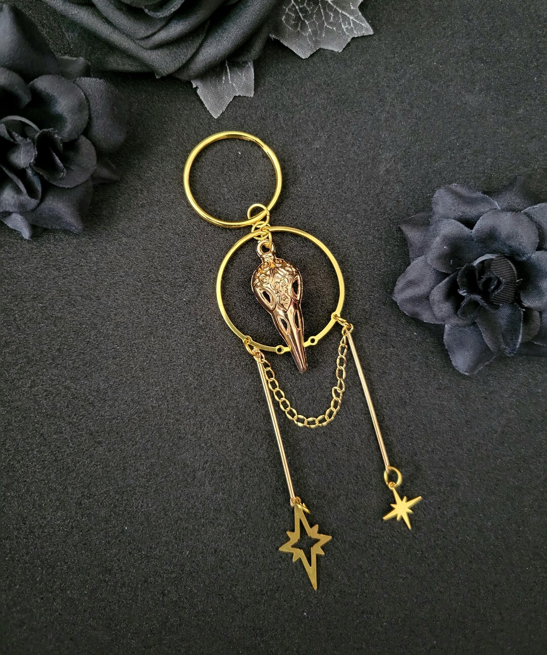 Gold Raven Skull Car Decor, Handmade Bird Charm Accessory, Gothic Crow ...