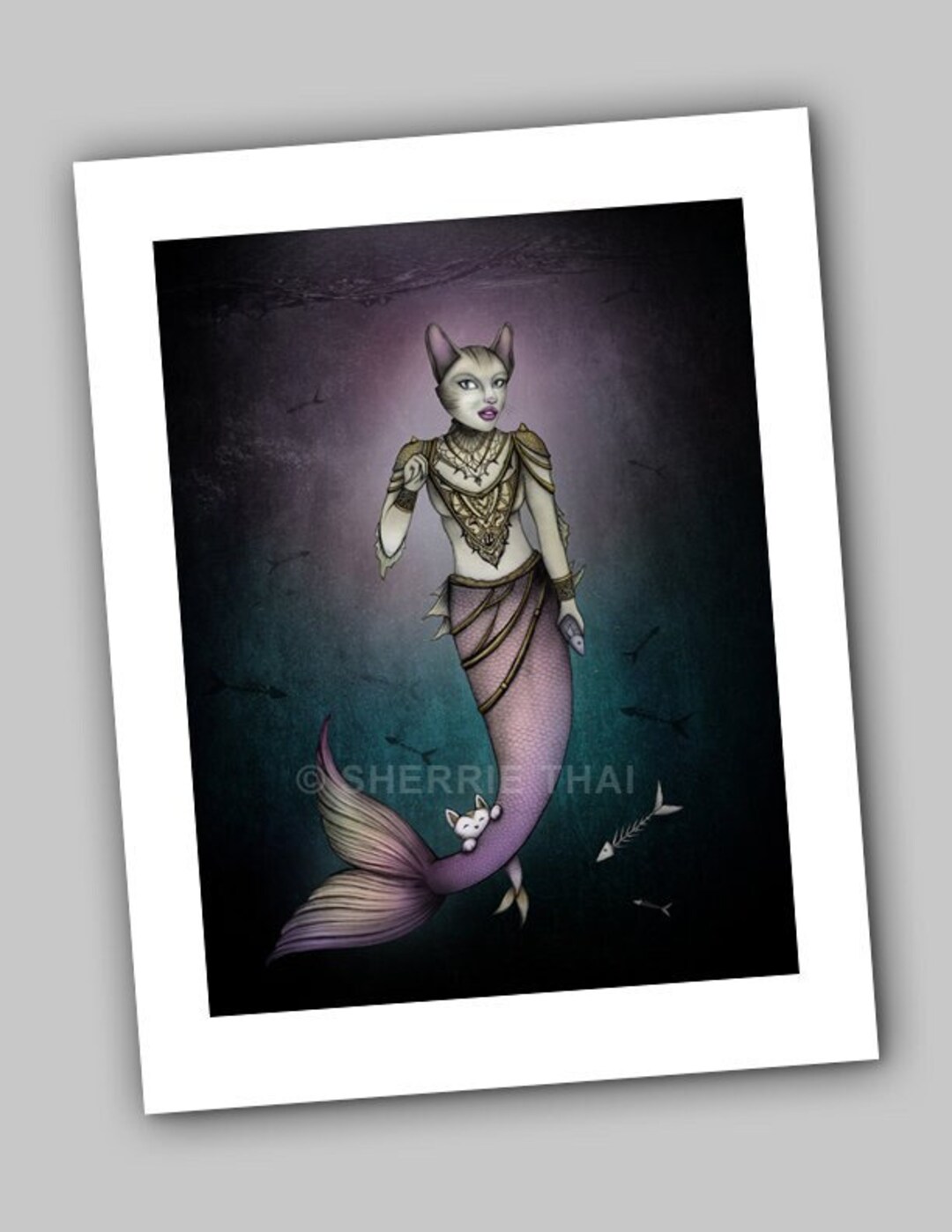 Cat Mermaid Art Print, from original art, Fantasy art, underwater ...