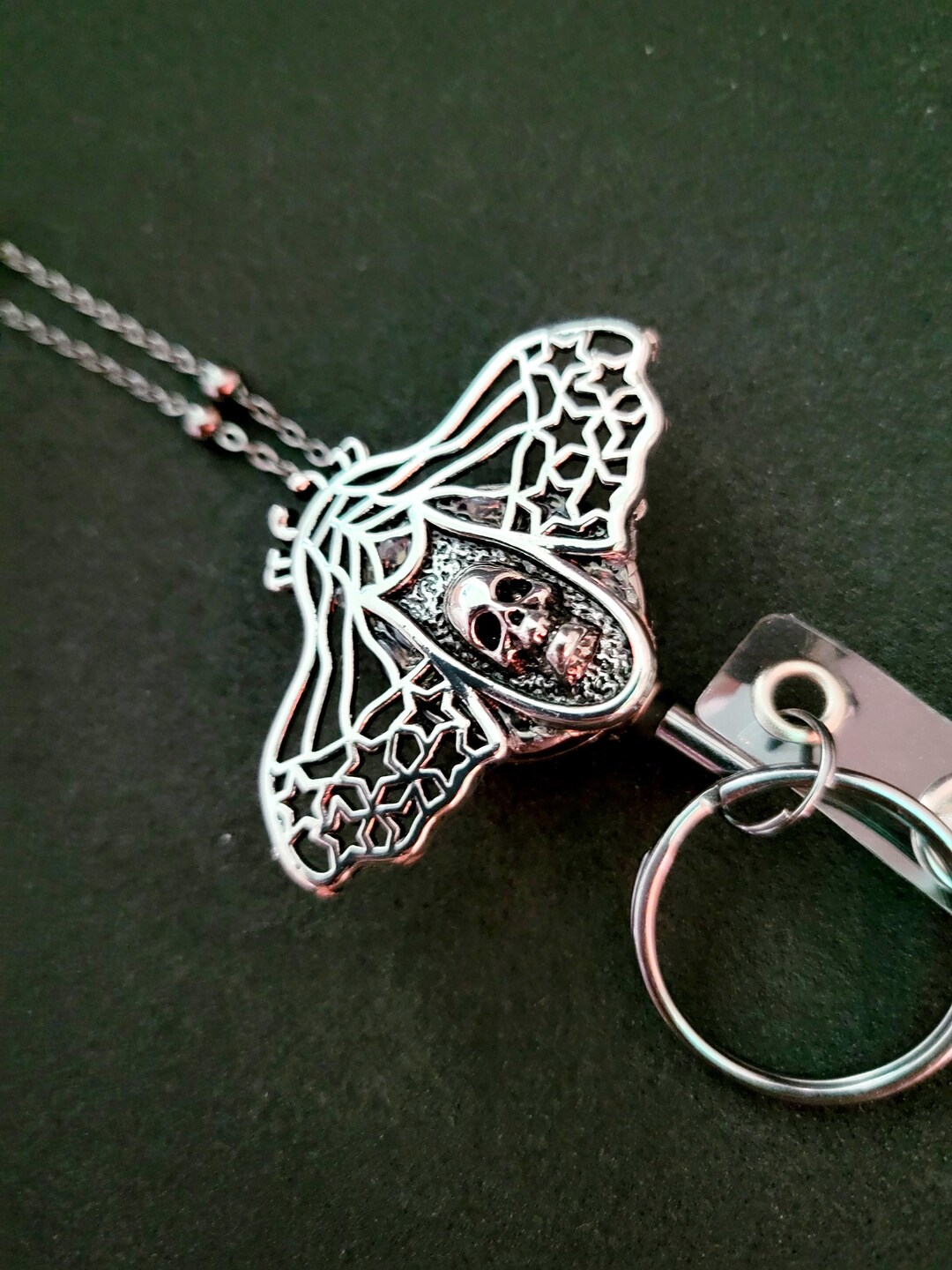 Moth Skull Retractable Reel Necklace, ID Badge Holder Lanyard, Handmade ...