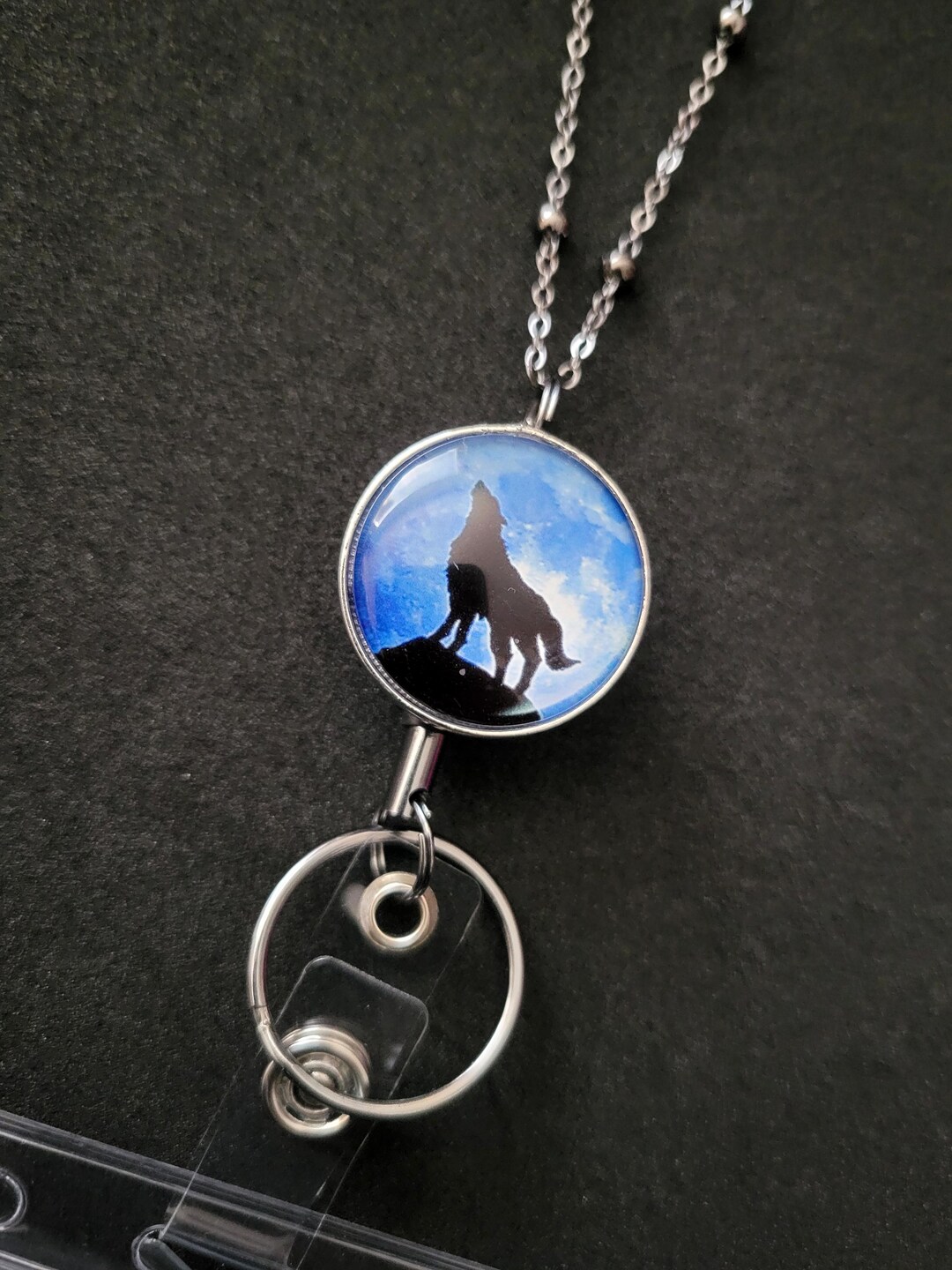 Howling Wolf Moon Retractable Reel Necklace, Woodland Forest Animal ID ...