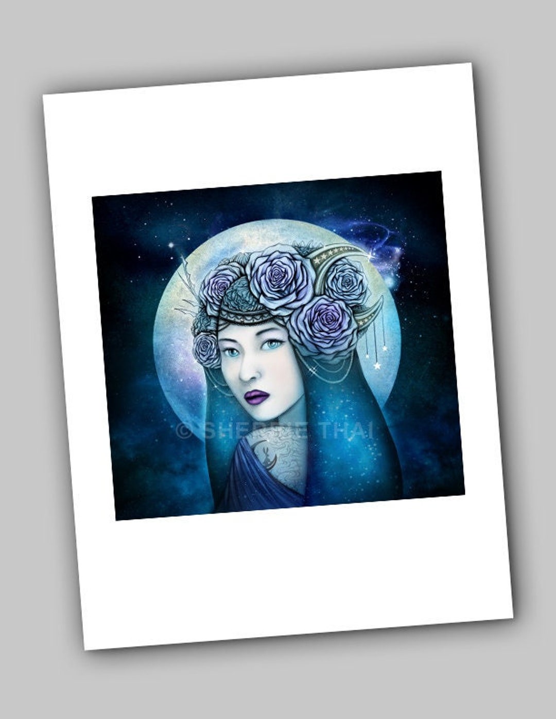 Moon Fantasy Girl Wall Art Print, Blue Celestial Lunar Goddess, Dark ...