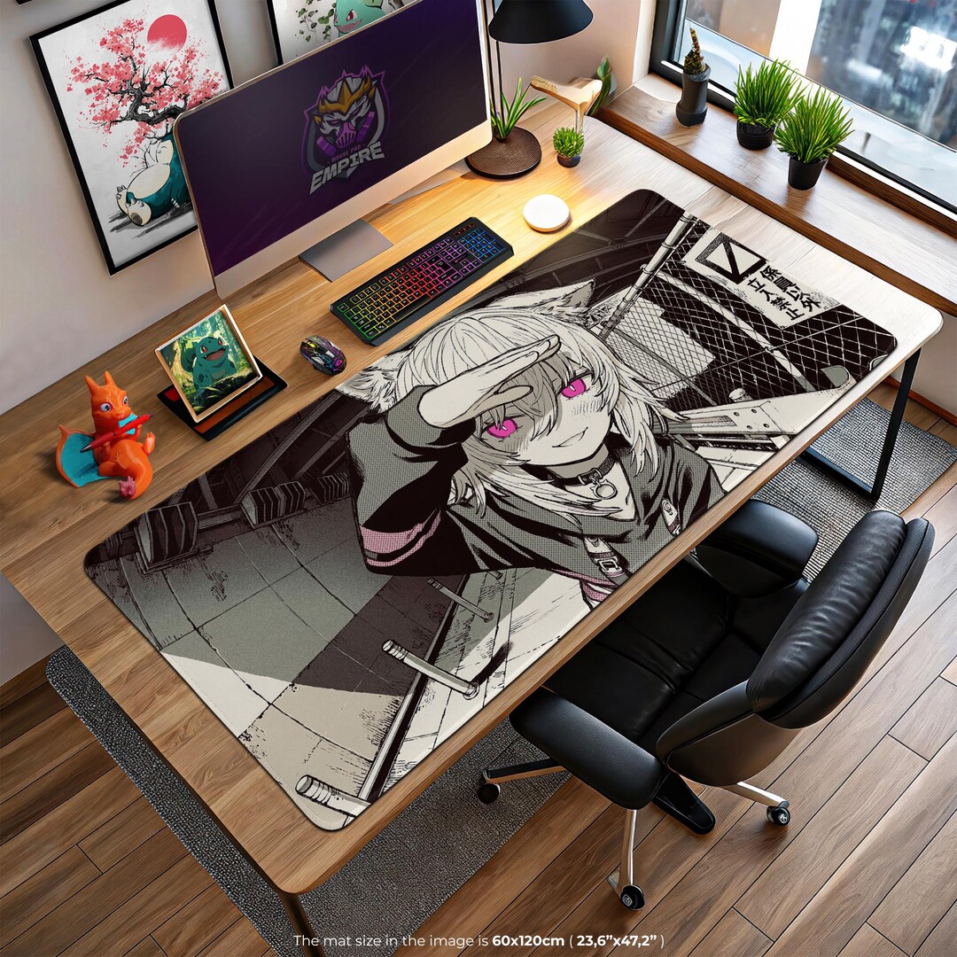 Anime Cat Girl Mouse Pad, Pink-eyed Neko Desk Mat, Stylish Manga Gaming ...