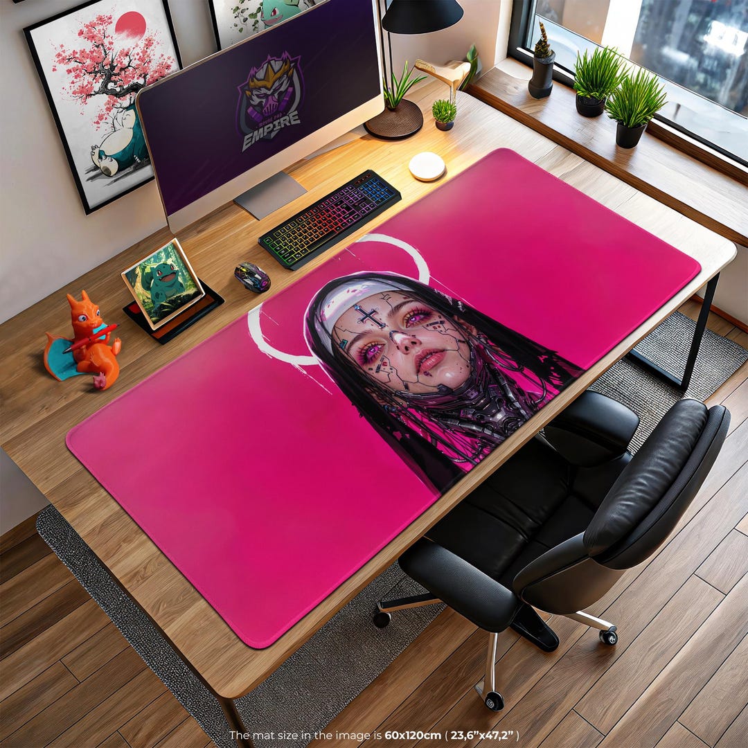 Cyberpunk Nun Halo Desk Mat Futuristic Pink Aesthetic Gaming Mouse Pad ...