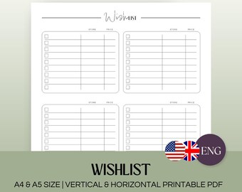 Wishlist | A4 & A5 Printable PDF | Budget Planner | Printable Planner ...