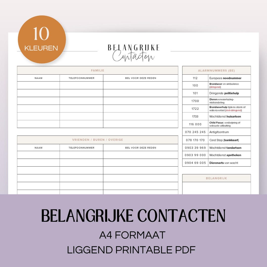Important Contacts dutch A4 Printable PDF Printable Planner Emergency ...