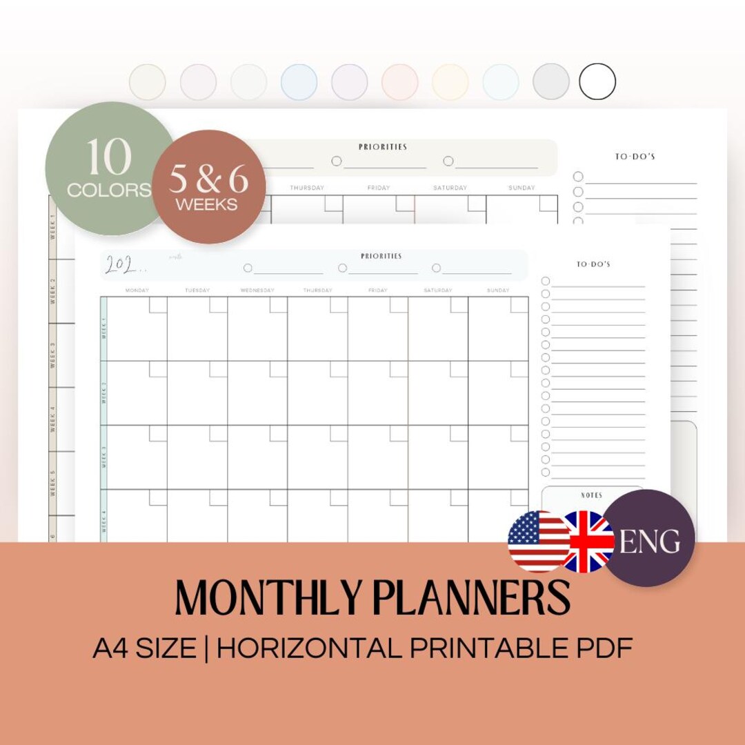 Monthly Planner | A4 Landscape Printable PDF | Undated Monthly Planner ...