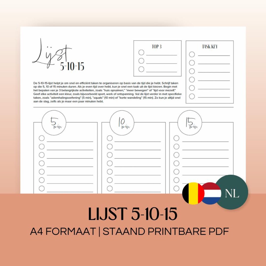 5-10-15 Minute List dutch A4 Portrait Printable PDF Printable Planner ...